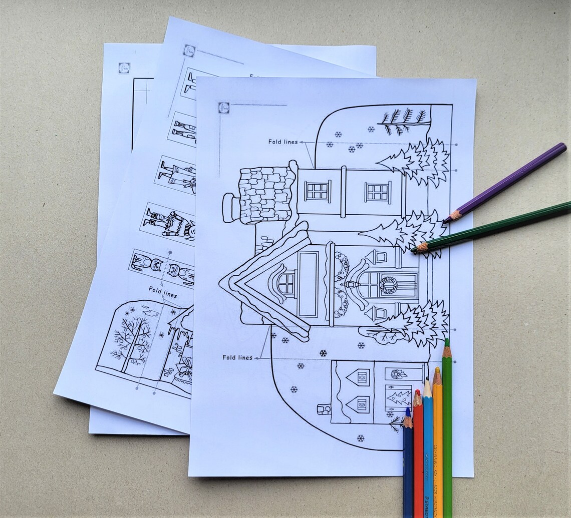 Christmas Village Paper Scene for Coloring. Christmas Activity ...