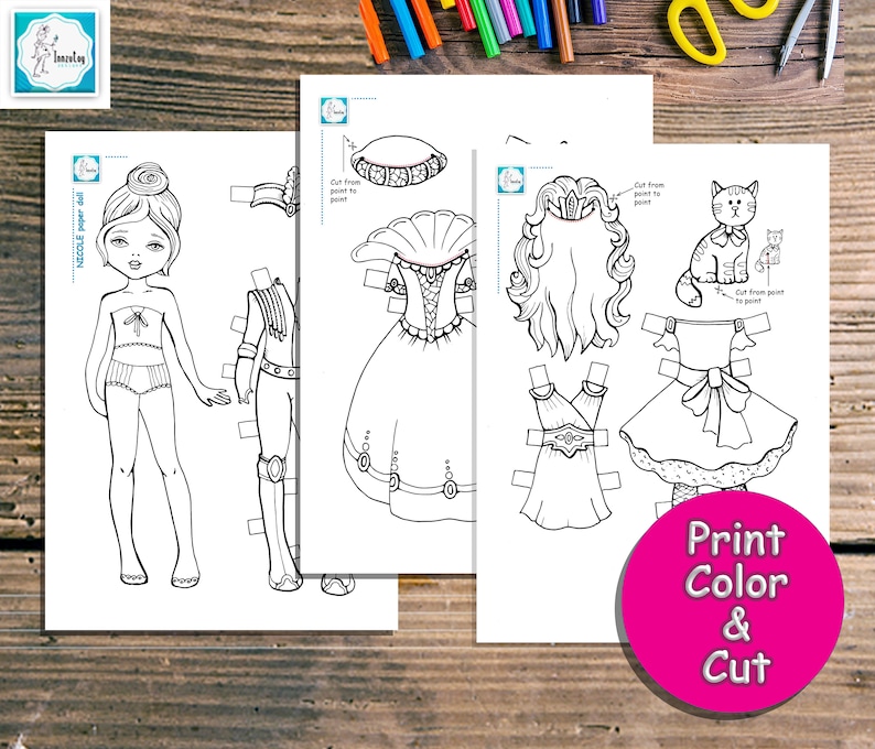 Digital Paper Doll Coloring Pages PDF Princess Paper Doll Paper Doll ...