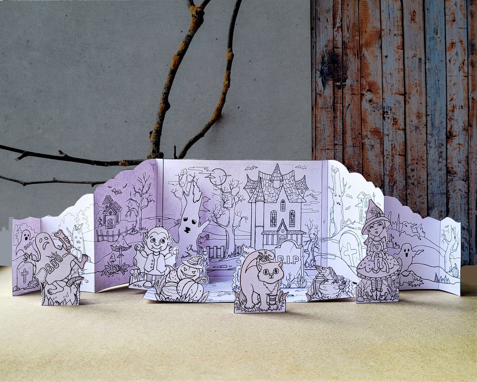 Halloween Haunted Scene. Halloween Village Coloring Pages PDF ...