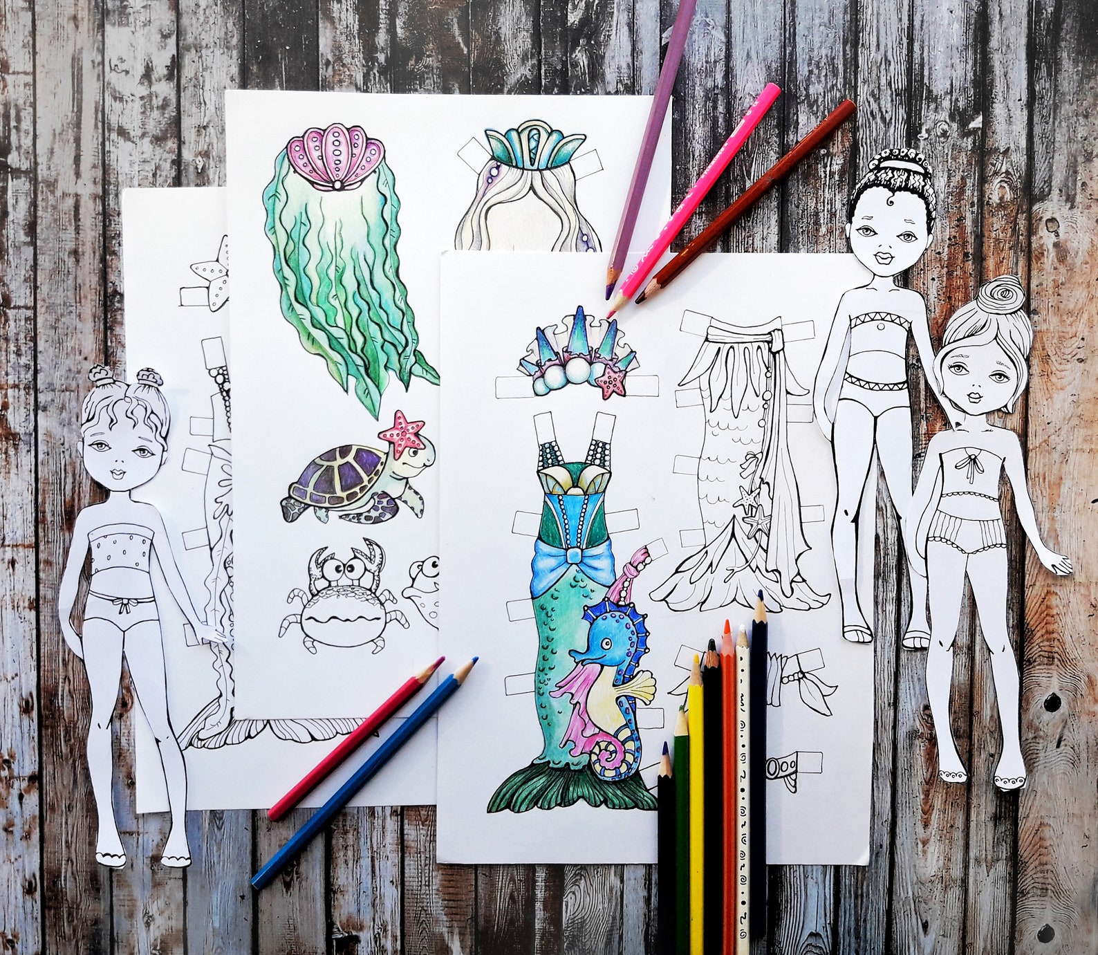 Paper Doll Coloring Sheets PDF Mermaids Add-on for the Cute | Etsy