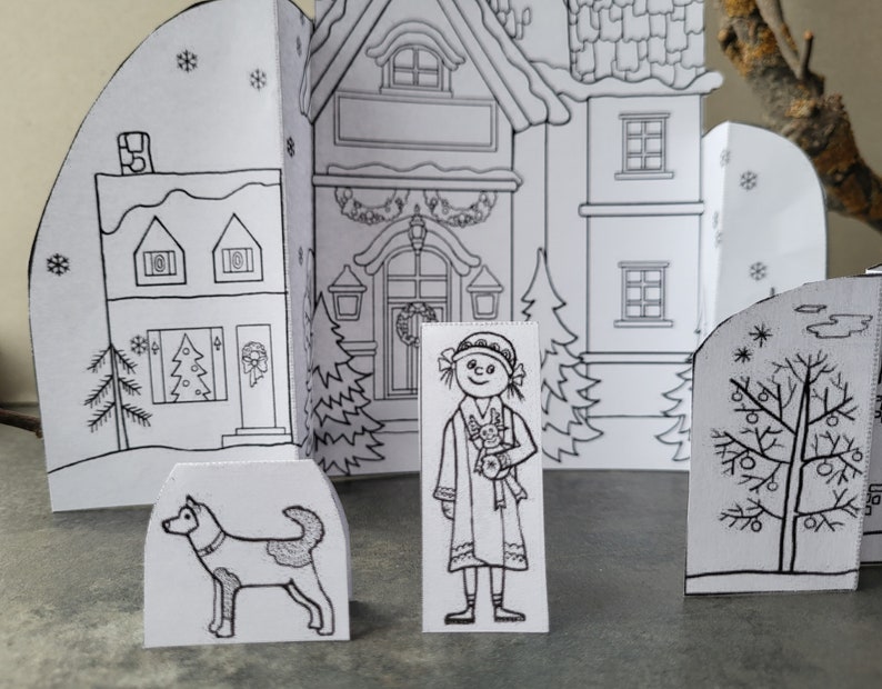 Christmas Village Paper Scene for Coloring. Christmas Activity ...