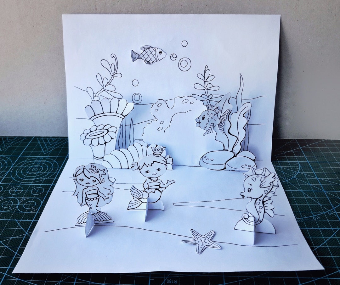 Little Mermaid Pop-up Card: Coloring Page Papercraft (PDF) - Etsy