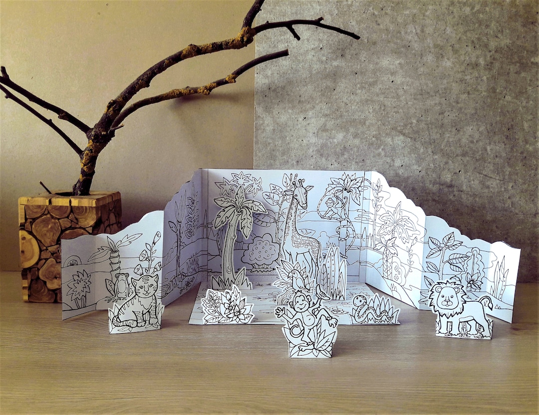 Jungle Pop up Card Coloring Pages: Printable Diorama Paper Theater (PDF ...
