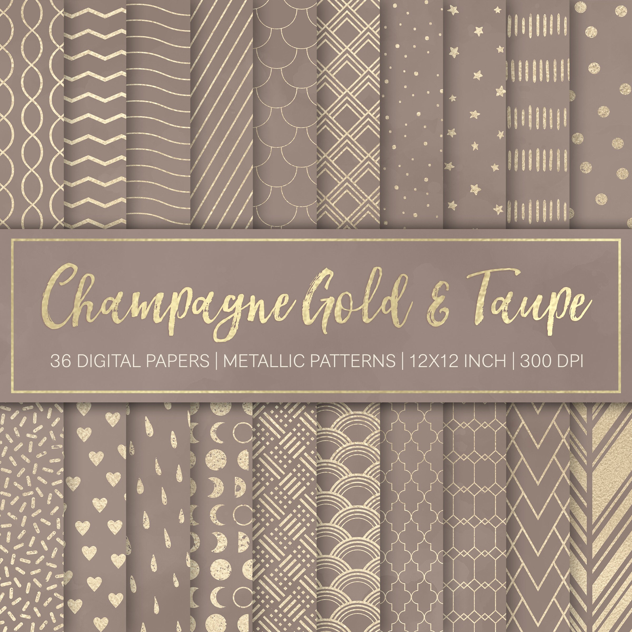 36 Metallic Champagne Gold Patterns on Vintage Taupe Background ...