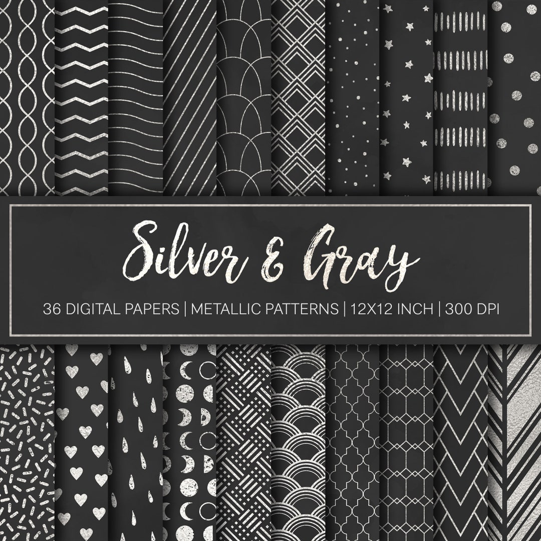 36 Metallic Silver Patterns on Dark Gray Texture | Digital Papers ...