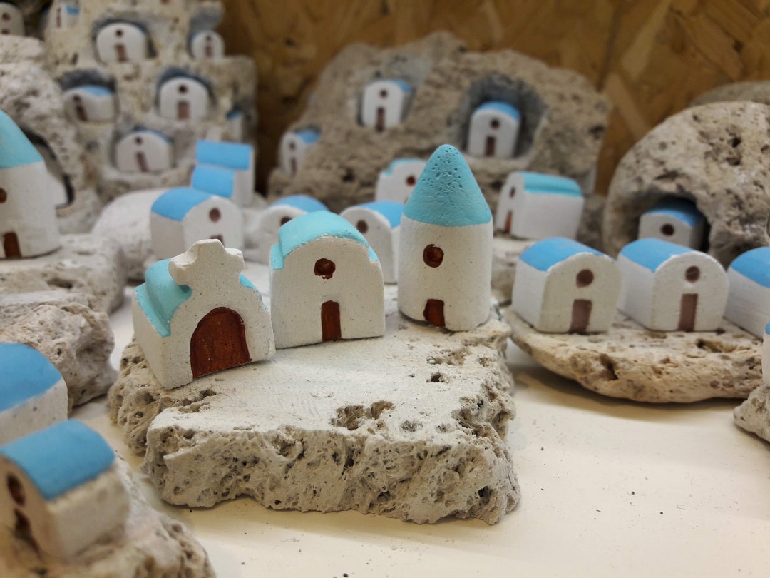 Hand-carved Santorini Pumice Stone – Mini Cycladic Village With Blue ...