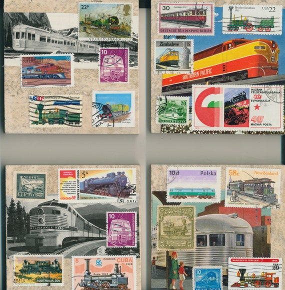 Handmade Postage Stamp Collage Art Coasters: Trains I | Etsy