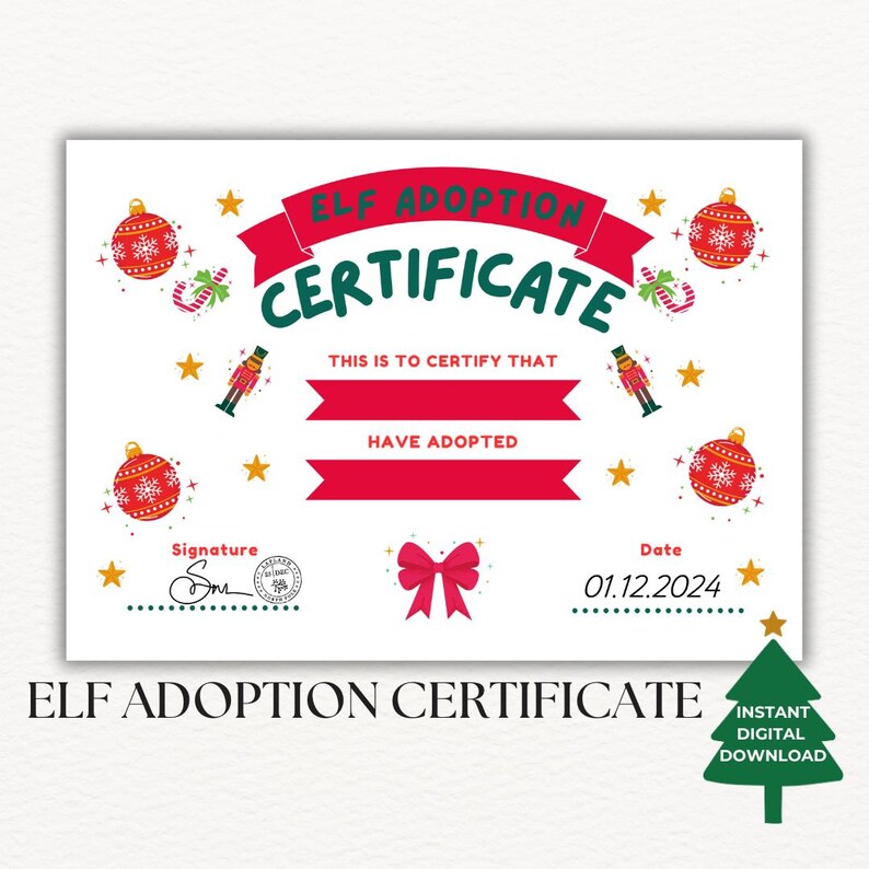 Printable Elf Adoption Certificate, Christmas Novelty Gift (digital ...
