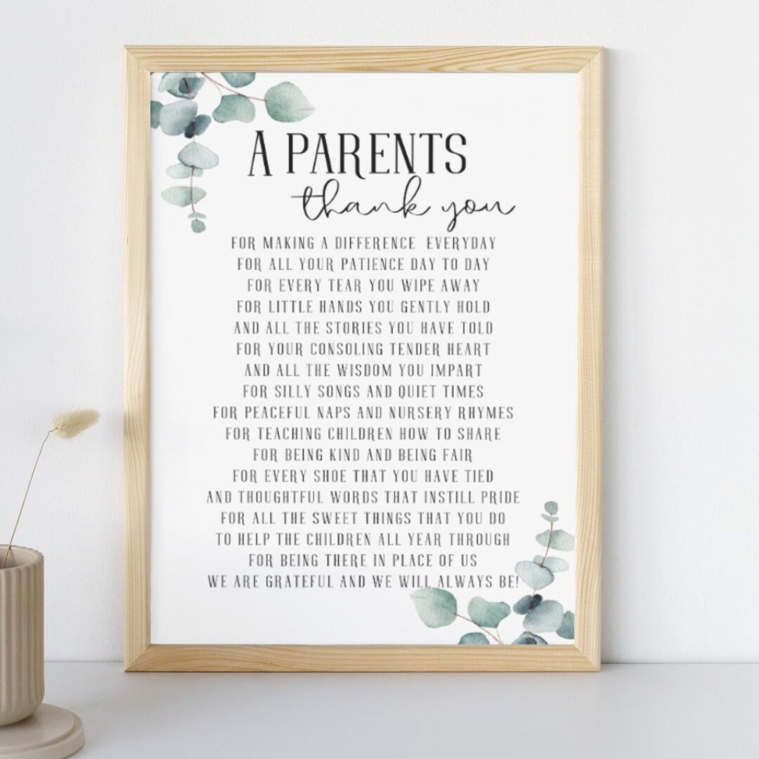 A Parents Thank You Printable Nursery Teachers Teaching Printable Gift ...