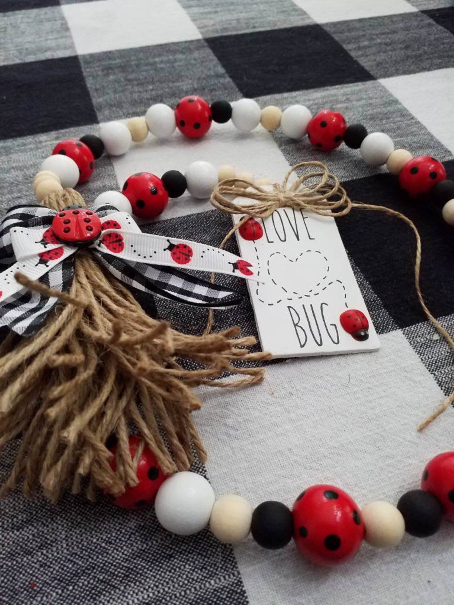 Farmhouse Ladybug Wood Bead Garland Ladybug Tier Tray Decor - Etsy