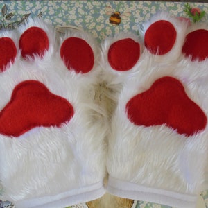 Fursuit Hand Paws White Fur and Red Paw Pads, Animal Costume, Cat Paws ...