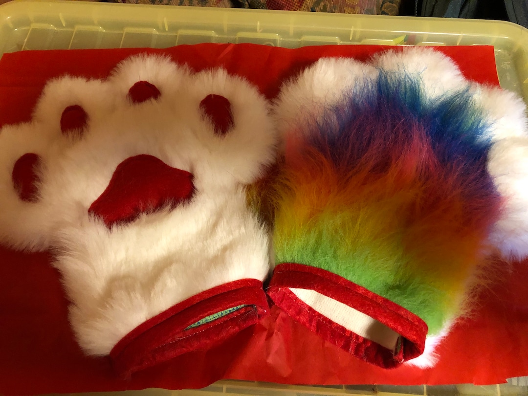 Luxury White and Rainbow Fur With Red Paw Pads Fursuit Hand Paws ...