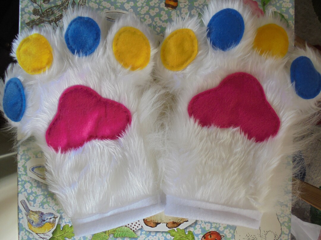 Fursuit Hand Paws White Fur With Blue, Pink and Yellow Paw Pads, Animal ...