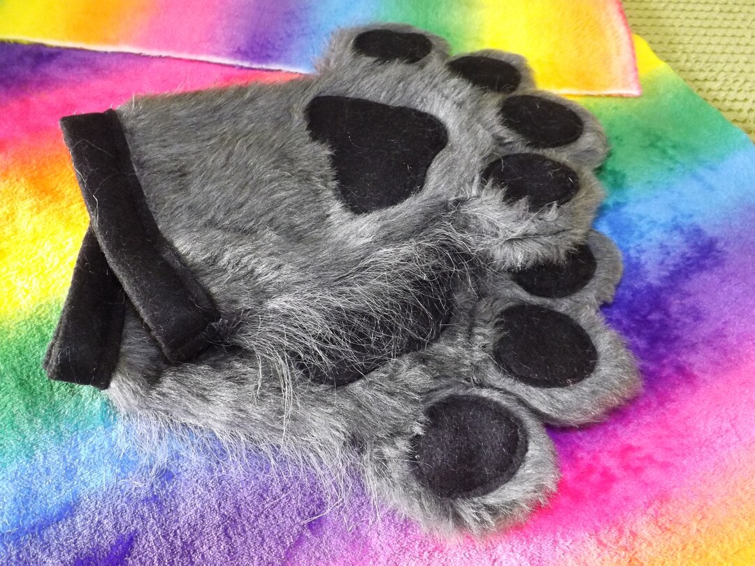 Fursuit Hand Paws Dark Grey Fur and Black Paw Pads, Animal Costume, Cat ...