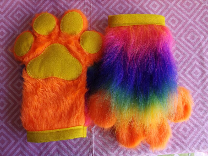 Orange and Rainbow Fur with Yellow Paw Pads Fursuit Hand Paws | Etsy