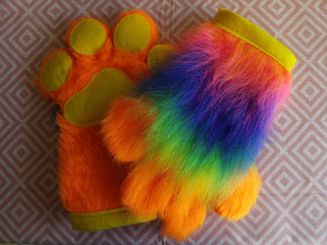 Orange and Rainbow Fur with Yellow Paw Pads Fursuit Hand Paws | Etsy