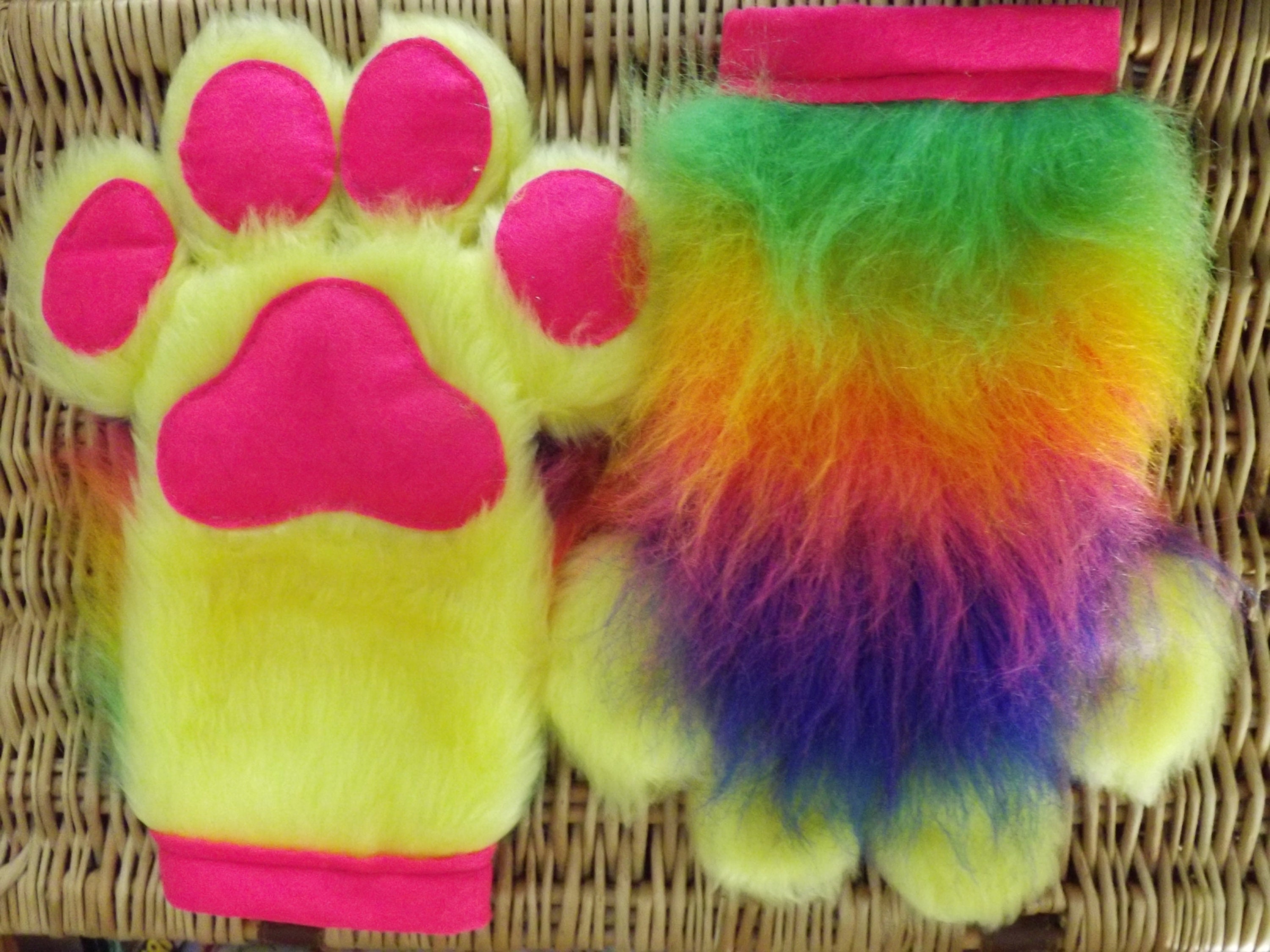 Yellow and Rainbow Fur and Pink Paw Pads Fursuit Hand Paws | Etsy
