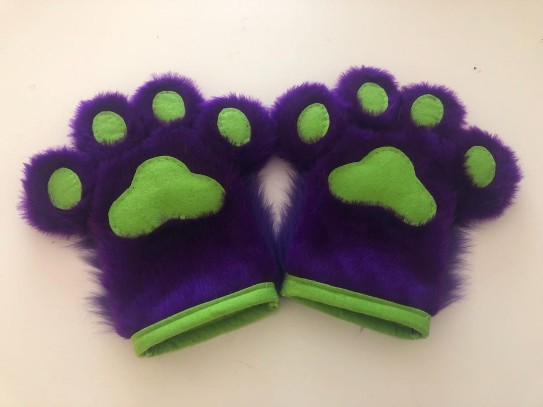Fursuit Hand Paws Purple Premium Fur and Green Paw Pads, Cat Paws Dog ...