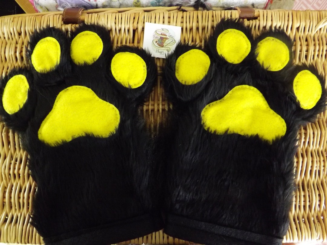 Fursuit Hand Paws Black Fur and Bright Yellow Paw Pads, Animal Costume ...