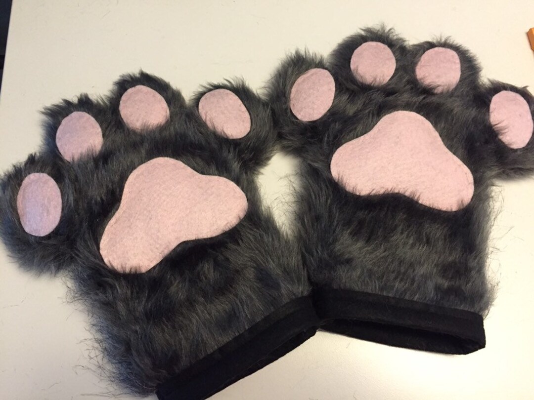 Fursuit Hand Paws Dark Grey Fur and Baby Pink Paw Pads, Animal Costume ...