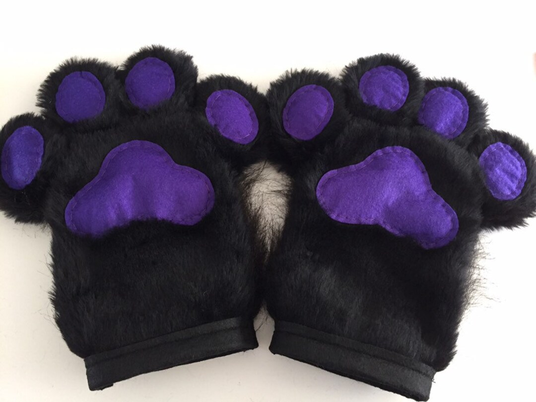Fursuit Hand Paws Black Fur and Purple Paw Pads, Animal Costume, Cat ...