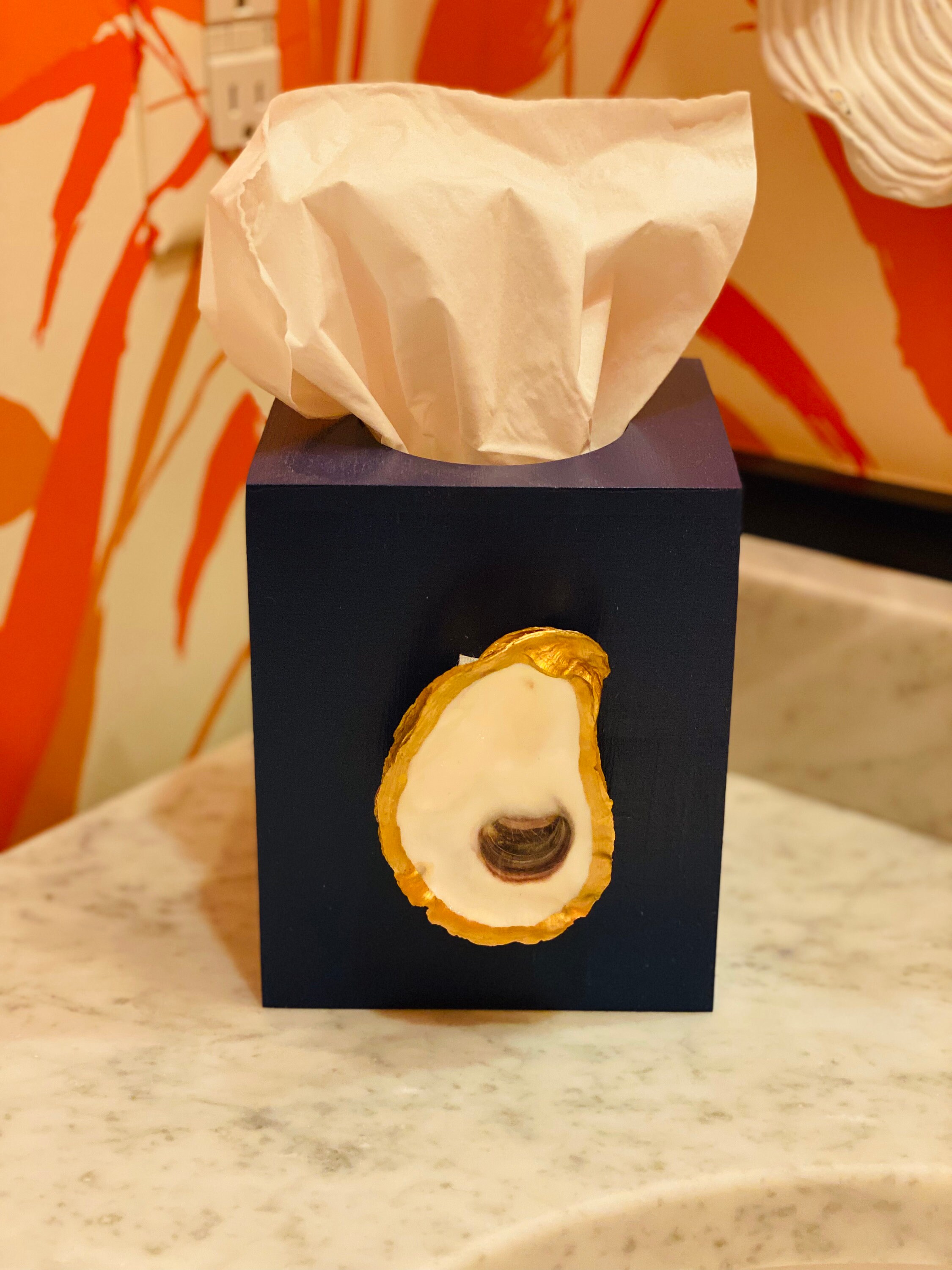 Navy Tissue Box Cover W/ Gilded Oyster Shell Accent, Handmade Gift ...