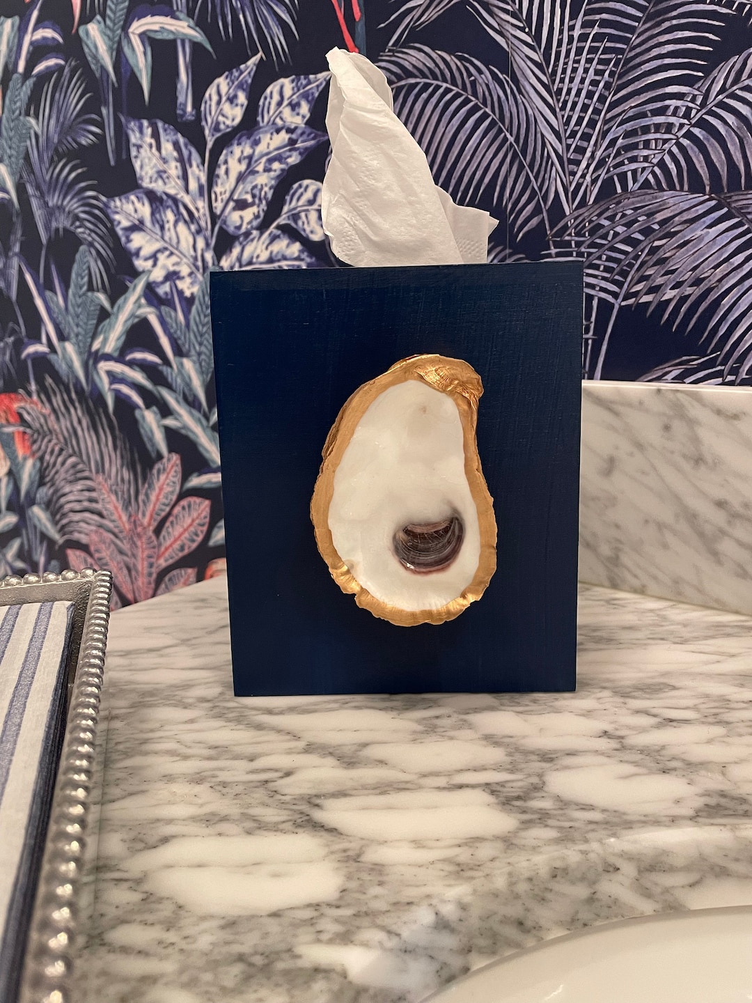Navy Tissue Box Cover W/ Gilded Oyster Shell Accent, Handmade Gift ...