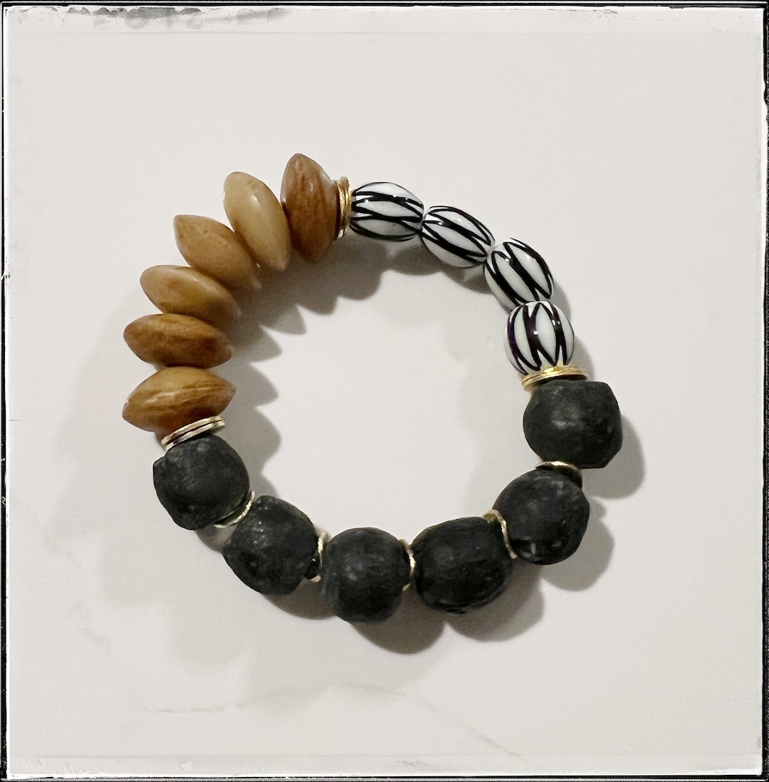 Fun Stacking Stretch Bead Bracelet, Brass Textured Beads, Tan African ...