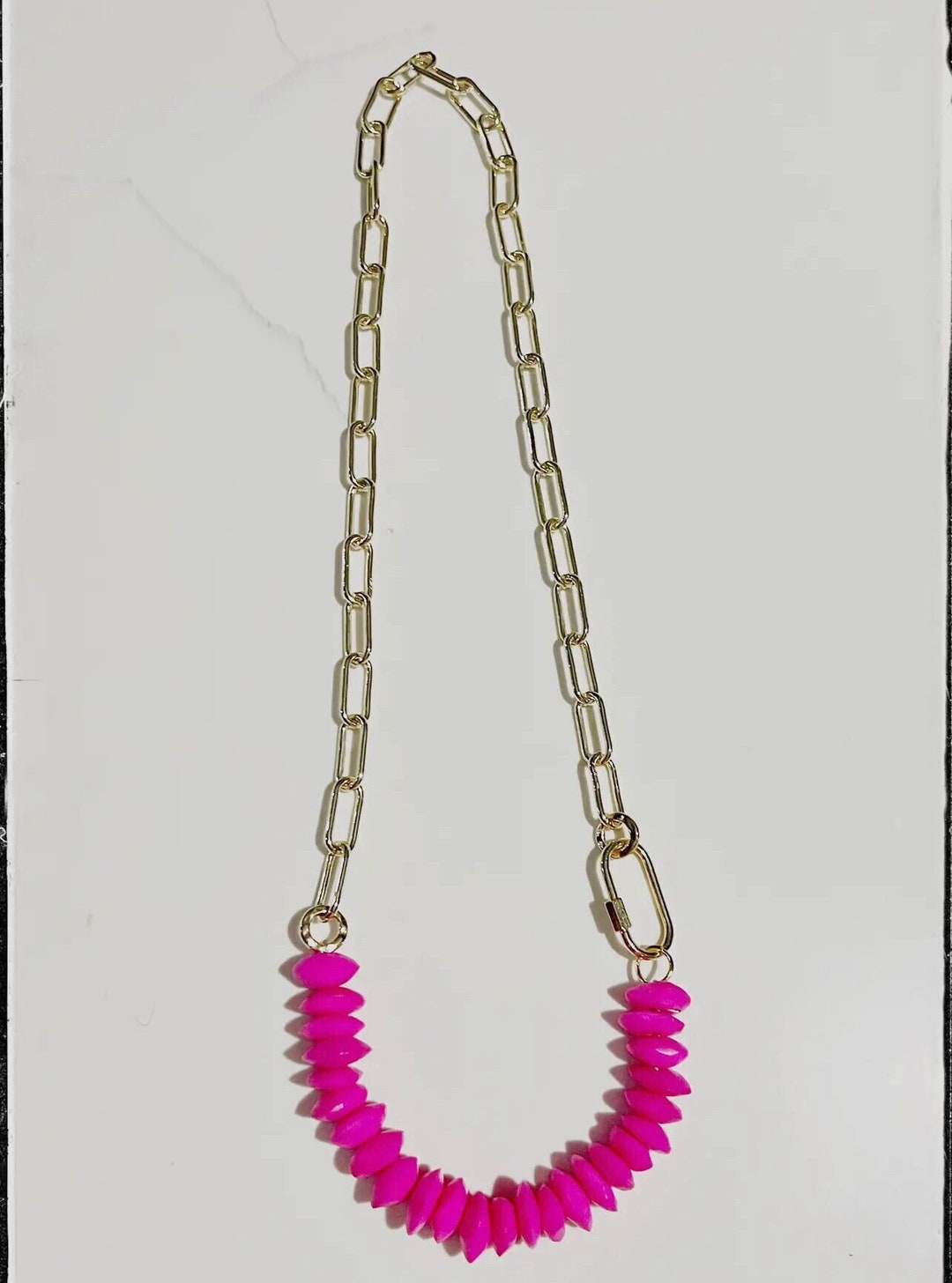 Paperclip Chain Beaded Necklace, Hot Pink African Bone Bead Necklace ...