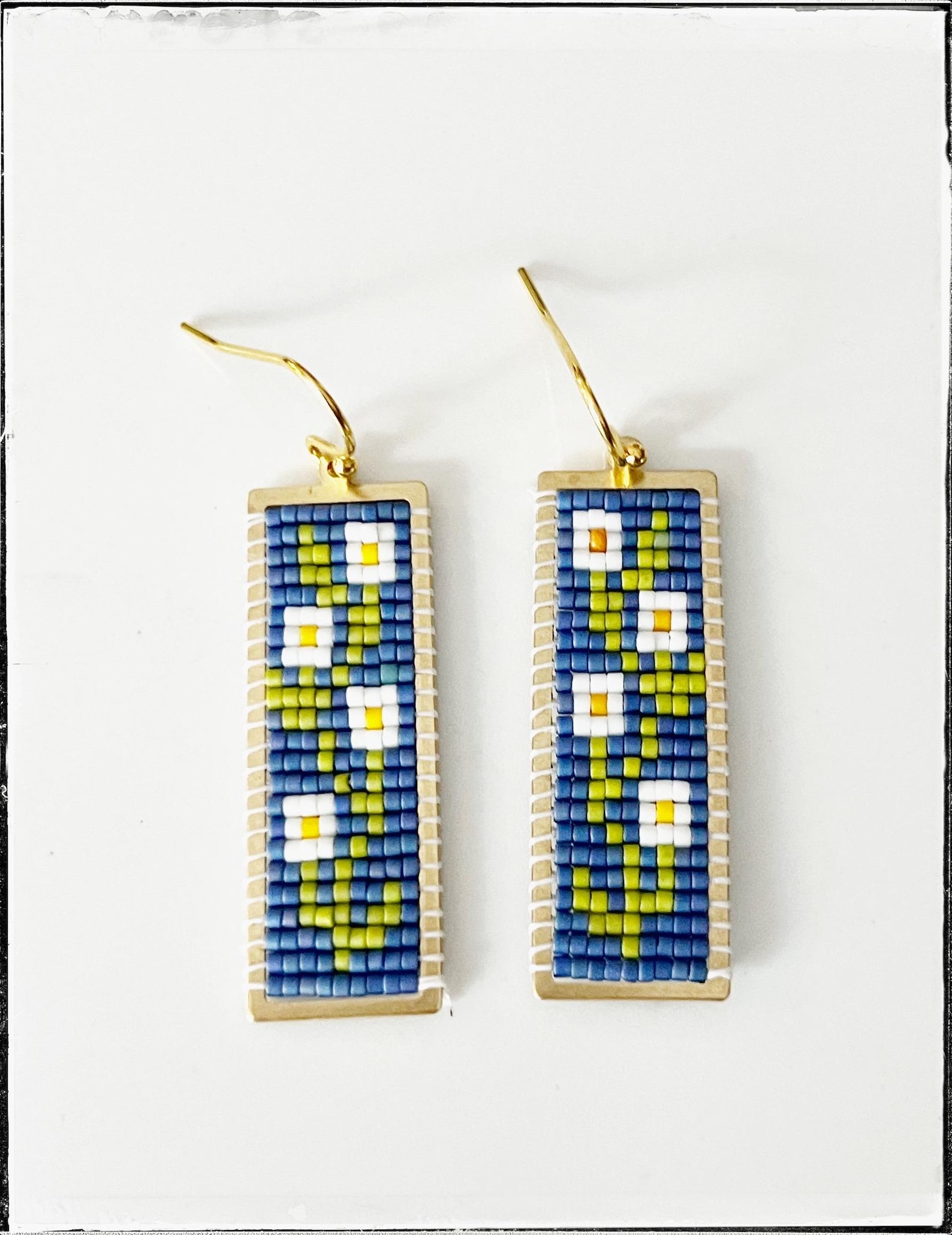 Beaded White Flower Earring, Brass Gold Framed Rectangular Earrings ...
