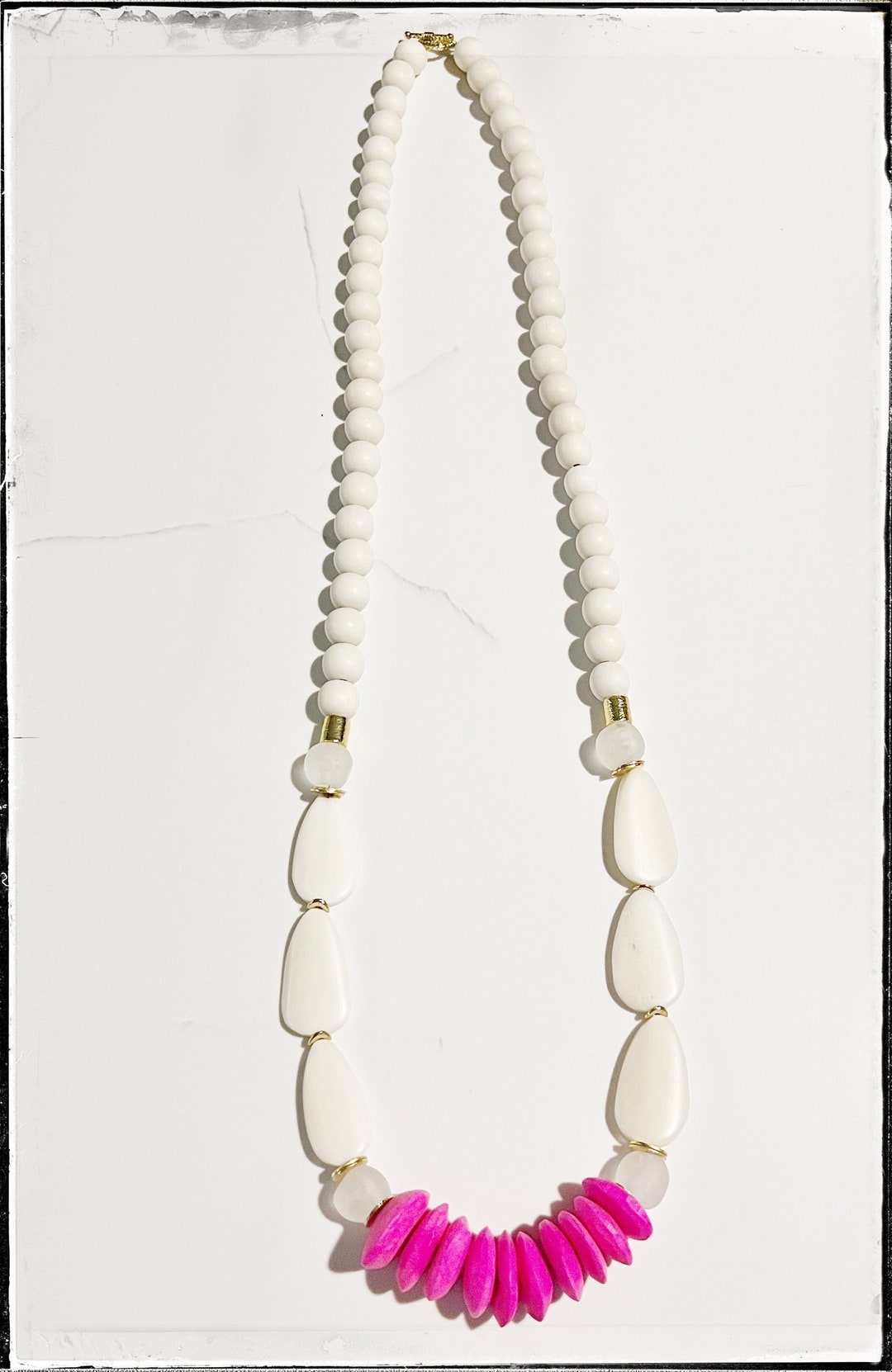 White Wood Bead, Long Statement Necklace, Recycled Glass Bead , Gold ...