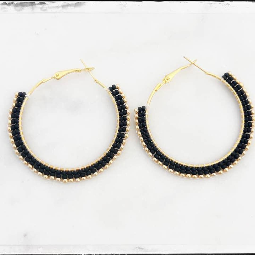 Glass Seed Bead Hoop Earring, Circle Brass Earrings, Classic Black ...