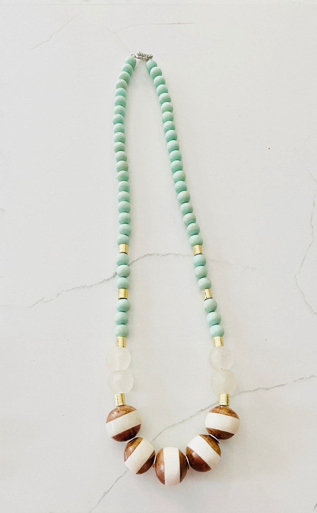 Tanzania Wood & Bone Sphere Bead/ Mint Green Wood Bead / Clear Recycled ...