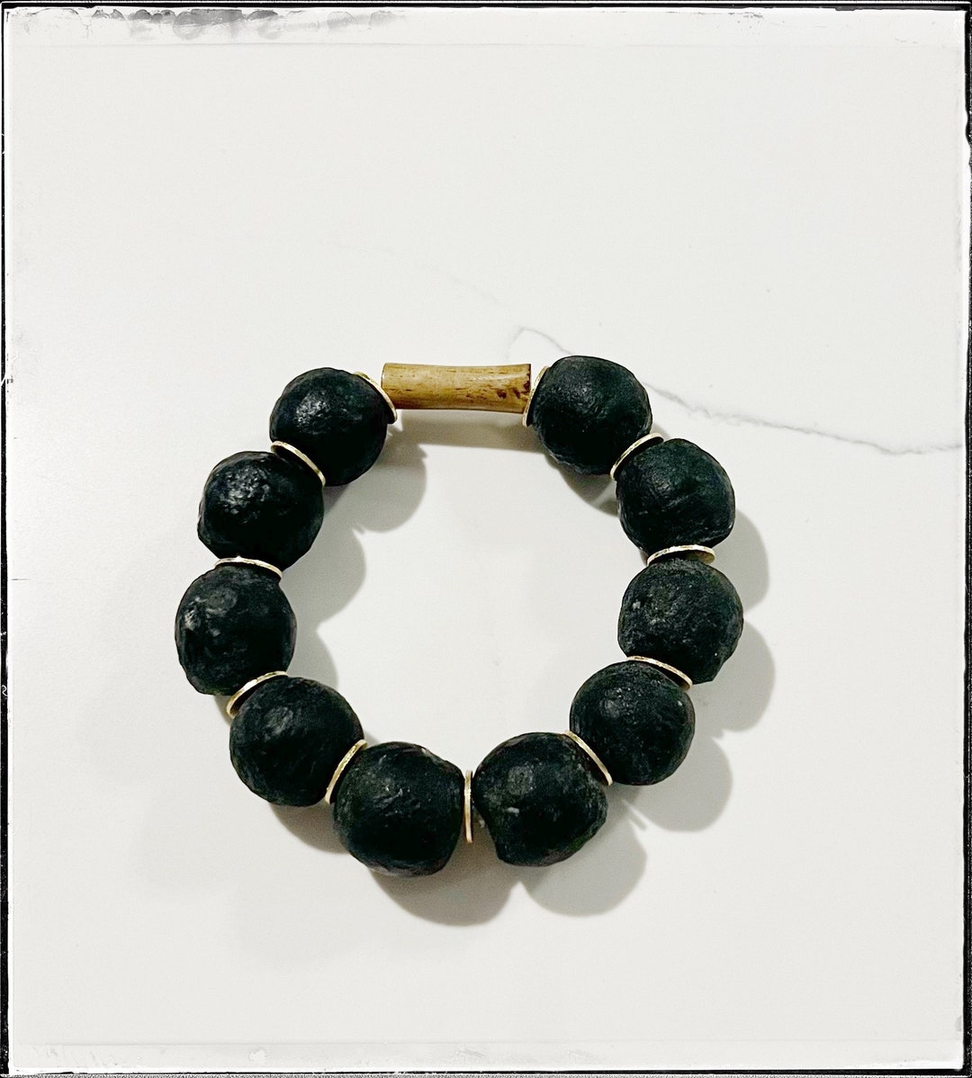 Stacking Stretch Bead Bracelet, Smooth Black Round Recycled Glass Beads ...