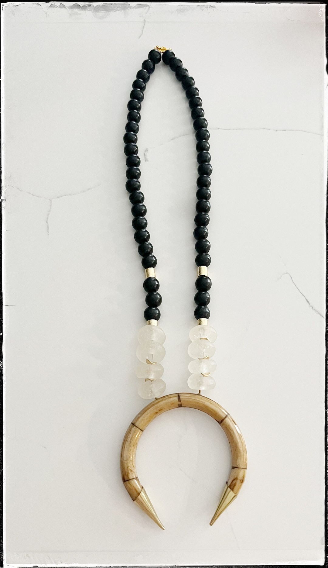 Black Chunky Wood Bead / Long Statement Necklace / Wood Crescent Tusk ...