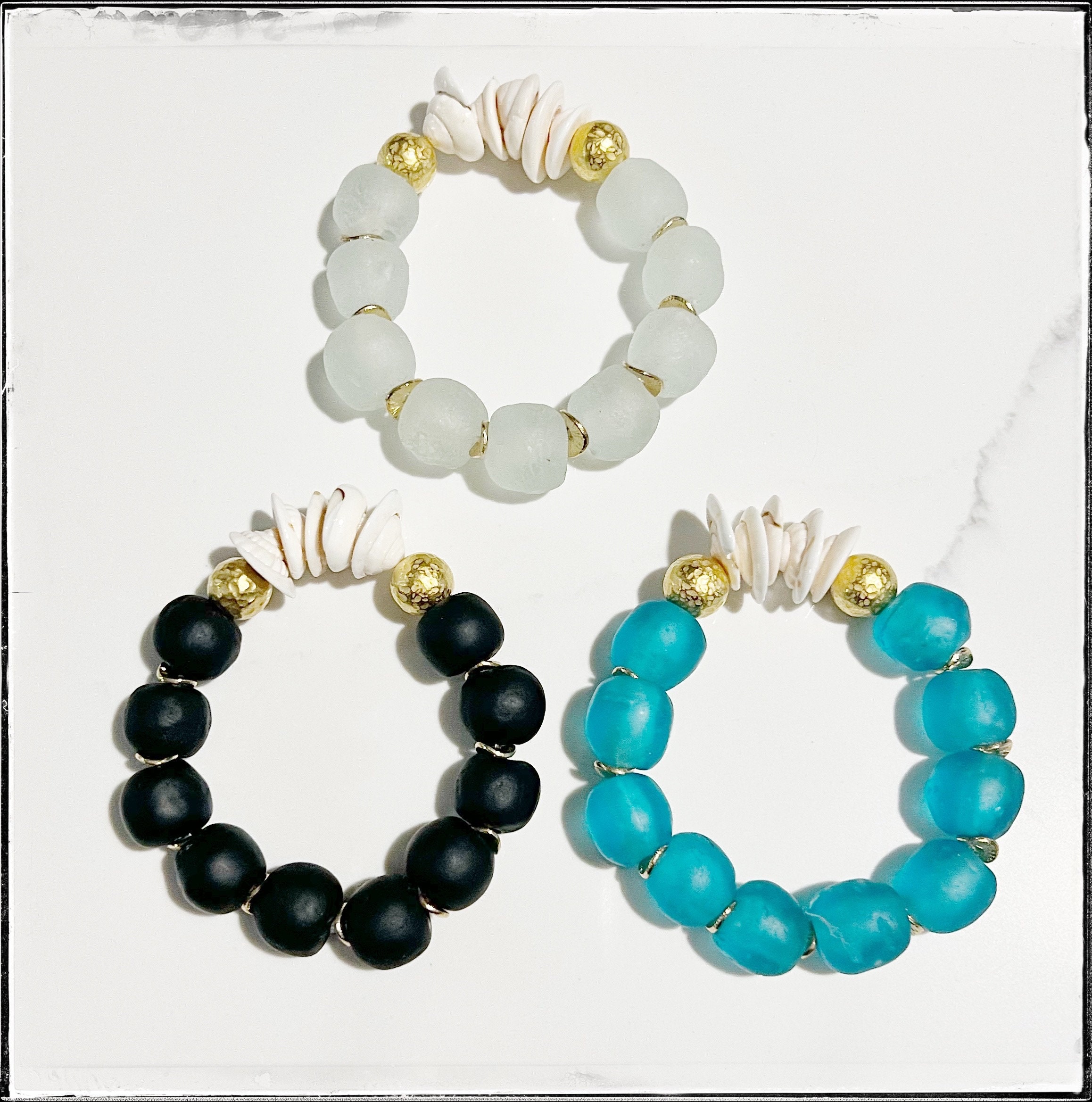 Stacking Stretch Bead Bracelet, Blue Recycled Glass Beads, Beach Shell ...