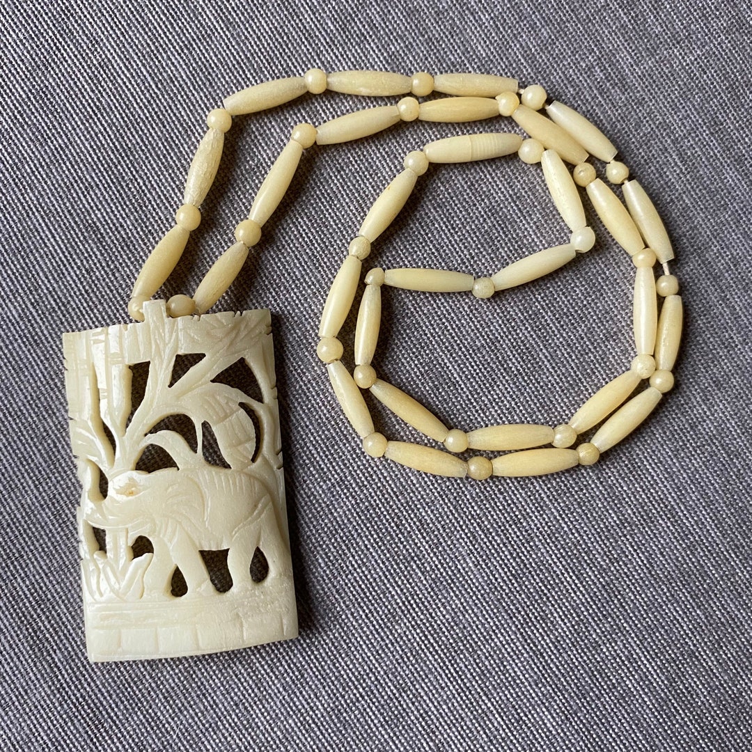 Antique Celluloid Necklace, Elephant Pendant, Hand Carved Jewelry ...