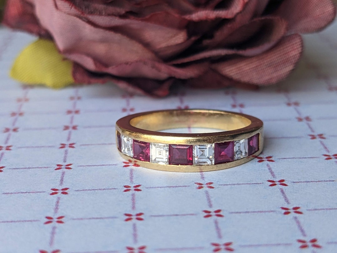Vintage Natural Ruby and Diamond Flush Set 18k Yellow Gold Band, Ruby ...