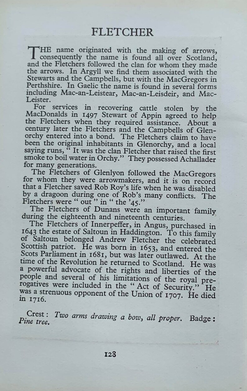 FLETCHER 1949 Original Vintage Print From the Clans and | Etsy