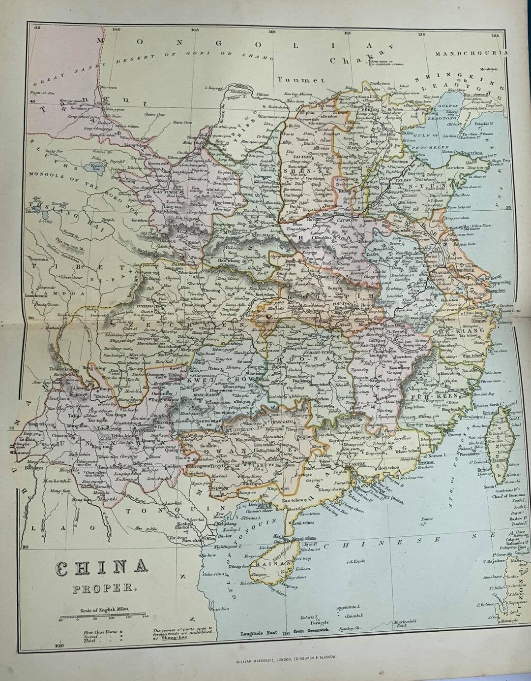 Original 100 Years Old Colour Plate, Map of China From the National ...