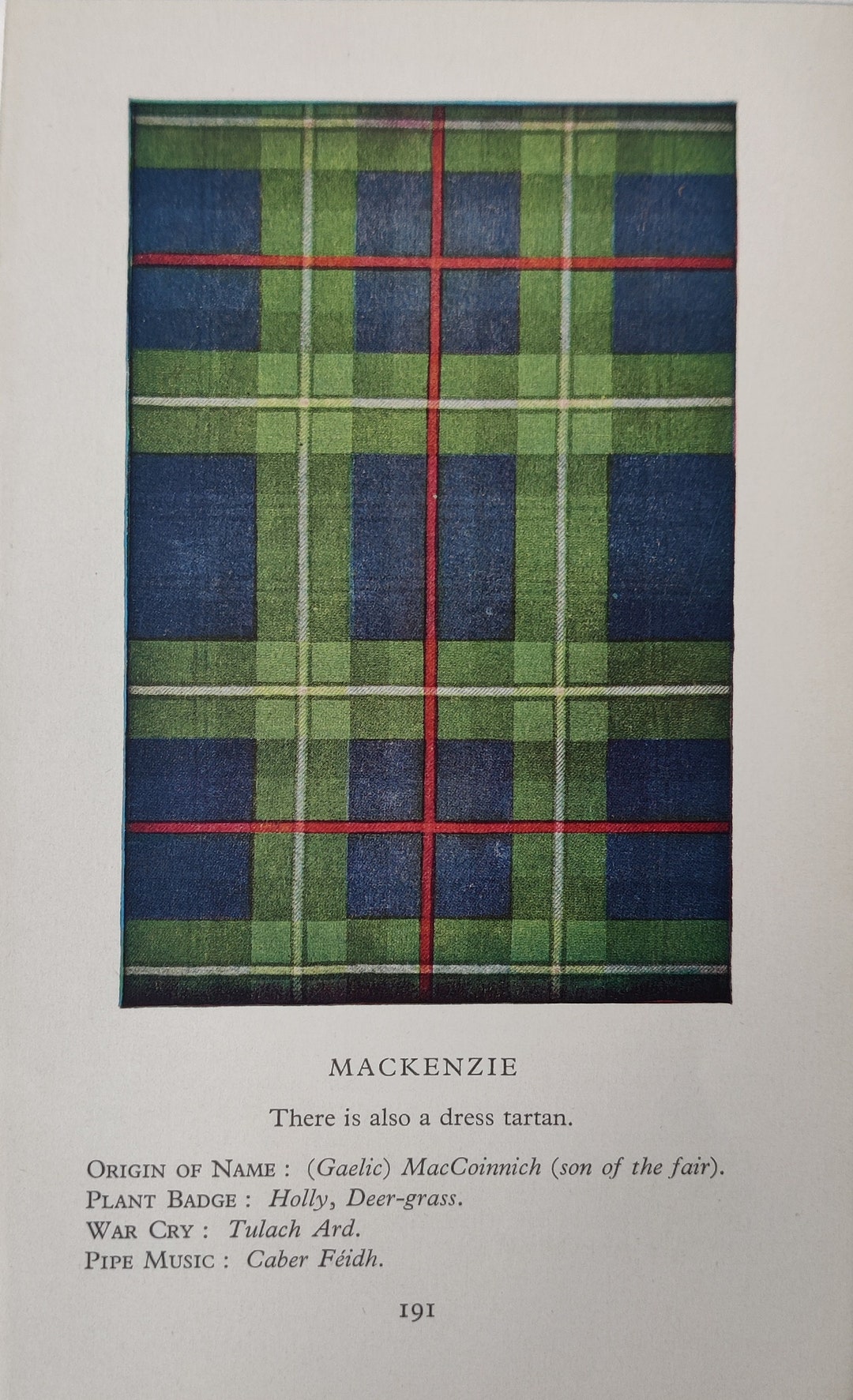 MACKENZIE 1961 Original Vintage Print From the Clans and Tartans of ...
