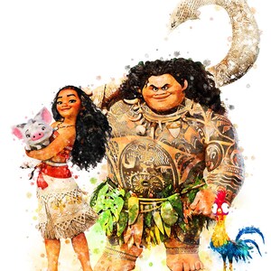 Moana Print Princess Moana Maui Heihei Pua Watercolor Printables Moana ...