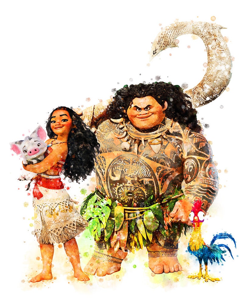 Moana Print Disney Princess Moana Maui Heihei Pua Watercolor - Etsy