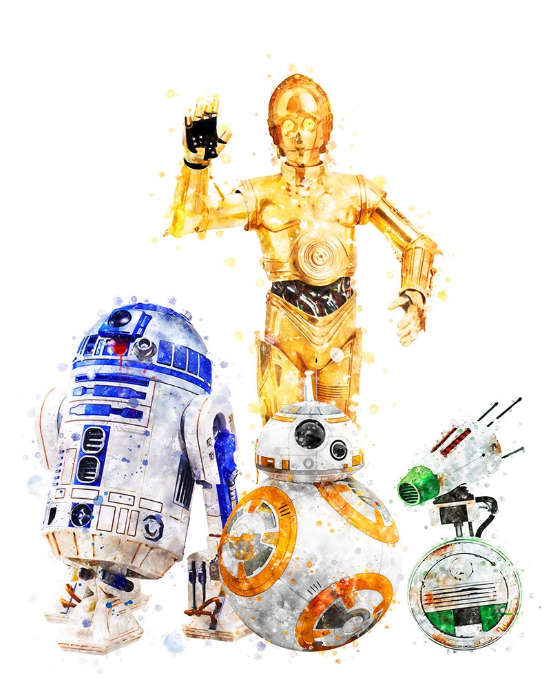 Star Wars C3-PO R2-D2 D-O Droid BB-8 Watercolor Painting Star Wars C3-PO R2-D2 D-O Droid BB-8 Watercolor Painting