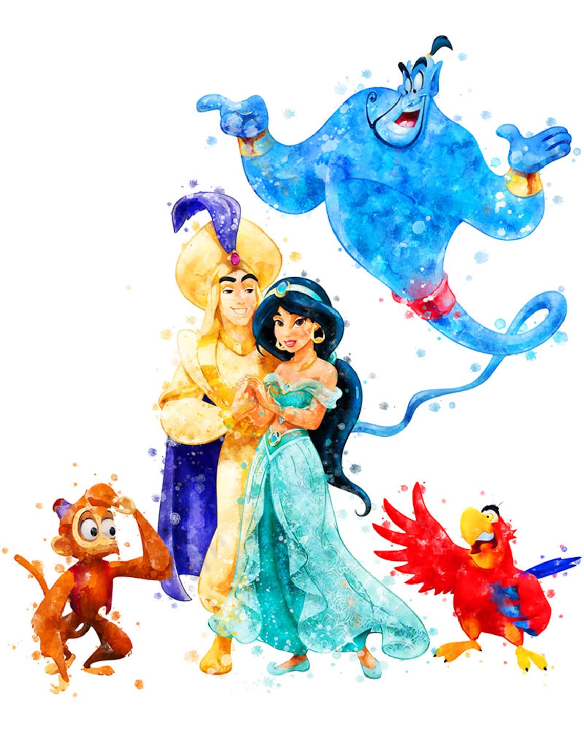 Aladdin Jasmine Abu Genie Parrot Lago Watercolor Painting Aladdin and ...
