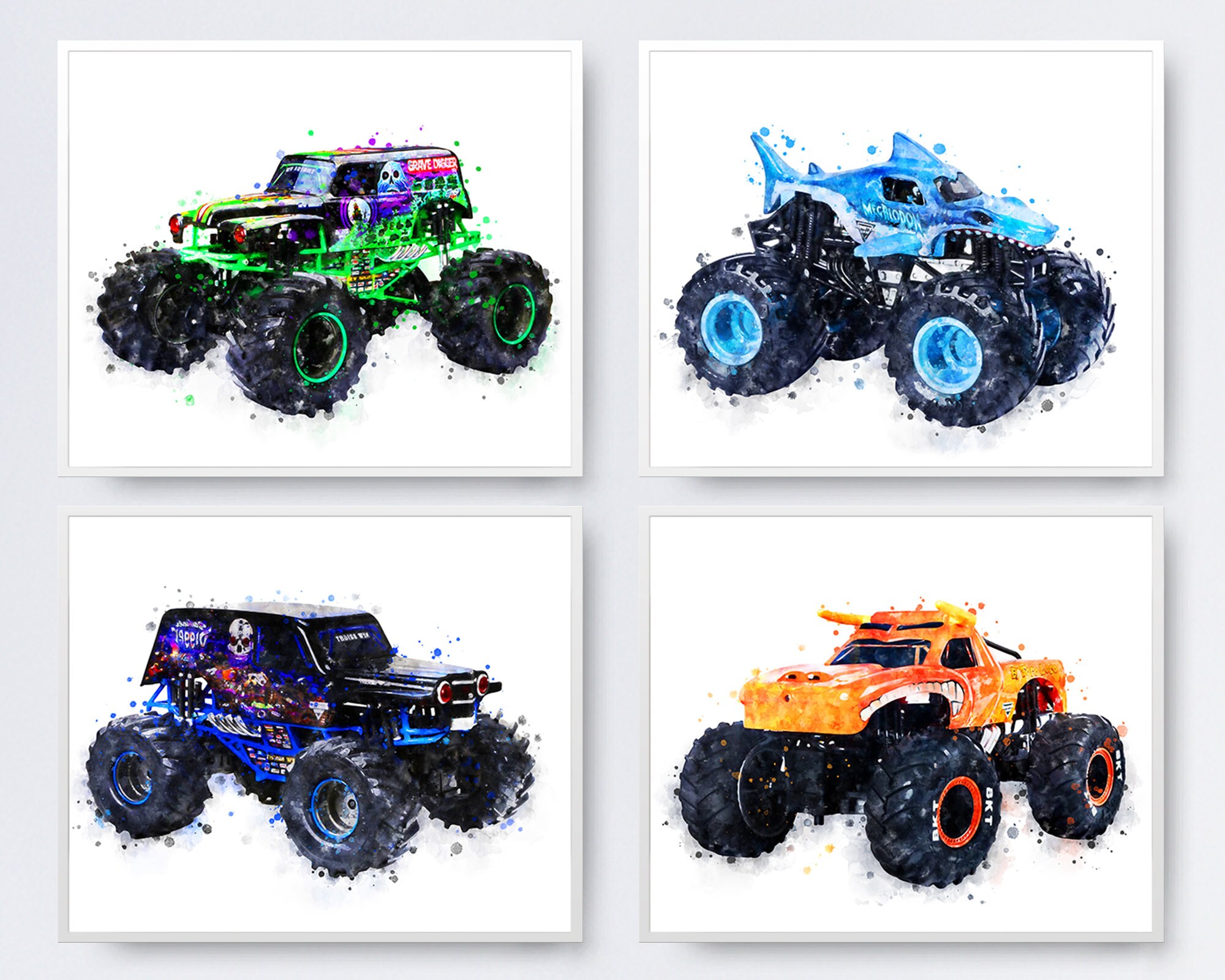 Monster Truck Set 4 Print Monster Truck Watercolor Poster Boys - Etsy UK
