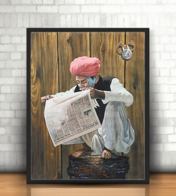 Indian hyper realistic paintingturban man reading news | Etsy
