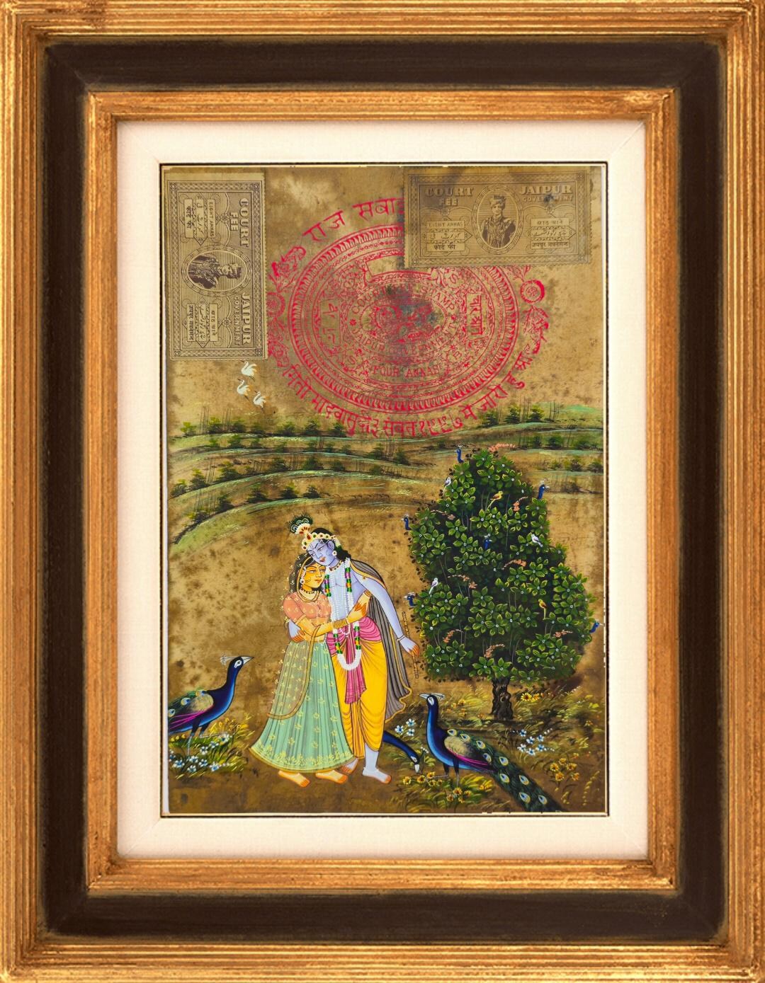 Vintage Krishna Radha Miniature Painting on Old Stamp Paper - Indian ...