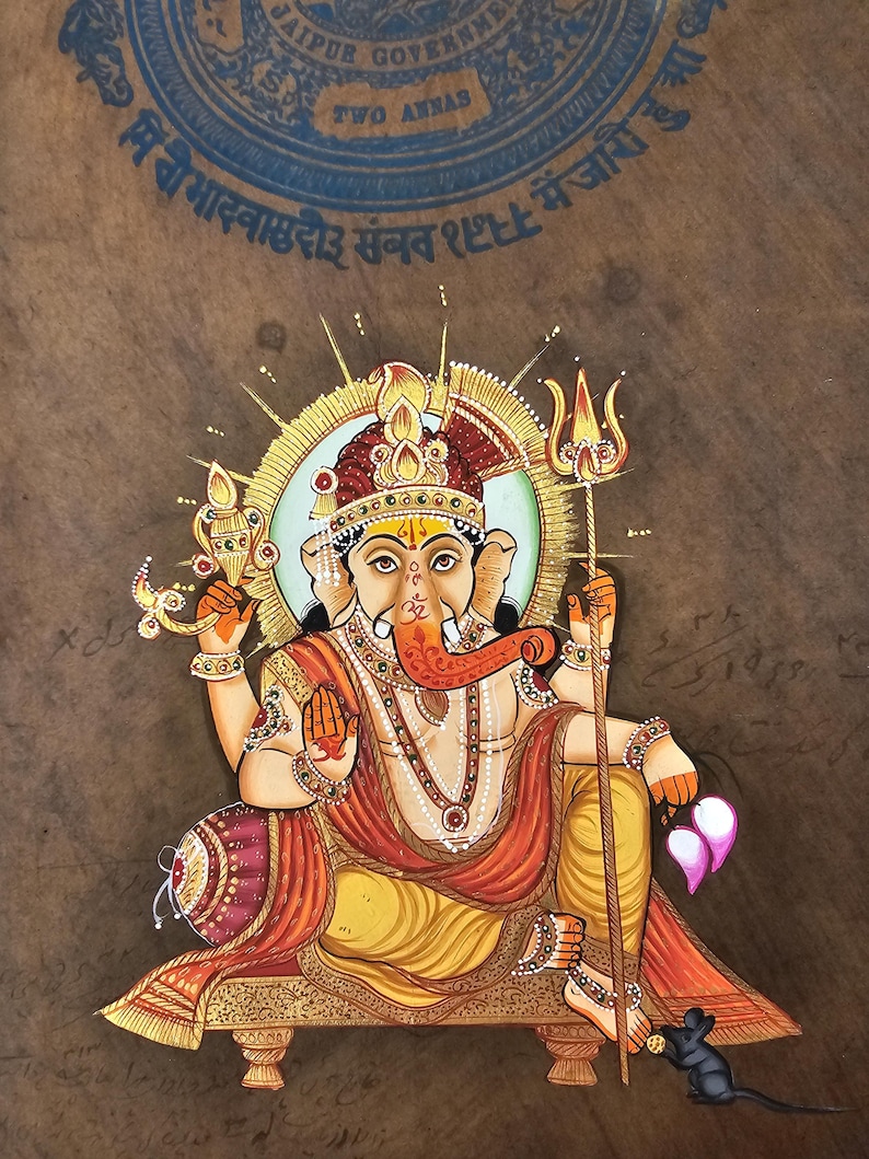 Vintage Lord Ganesha Miniature Painting on Old Stamp Paper: Indian Art ...
