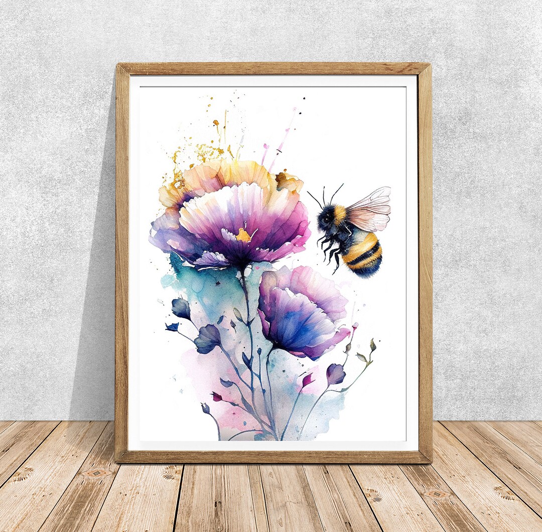 Bumblebee Print, Watercolor Bumblebee, Bumblebee Art, Watercolor Flower ...